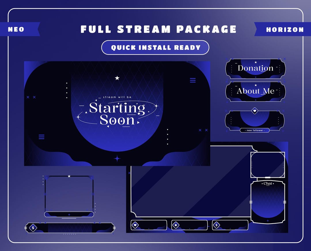 Neo Horizon Animated Overlay Package, Blue Aesthetic Stream Overlay ...