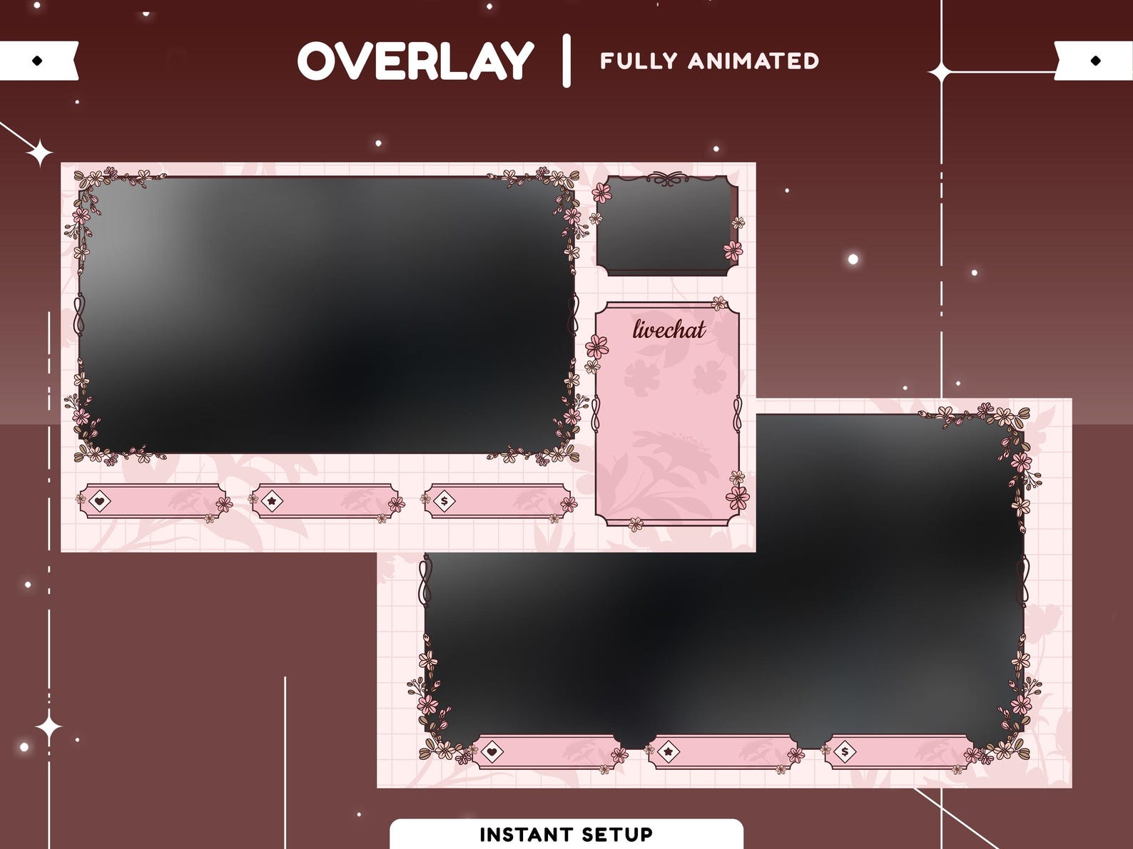 Floral Charm Animated Overlay Package, Soft Pink Aesthetic Twitch ...