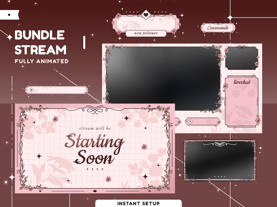 Floral Charm Animated Overlay Package, Soft Pink Aesthetic Twitch ...