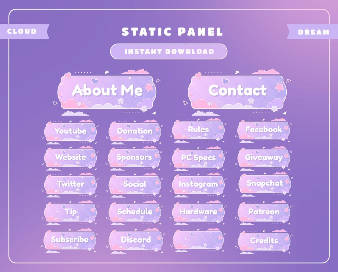 Cloud Dream Static Stream Panel Pack, Kawaii Theme Vtuber Overlay Panel ...