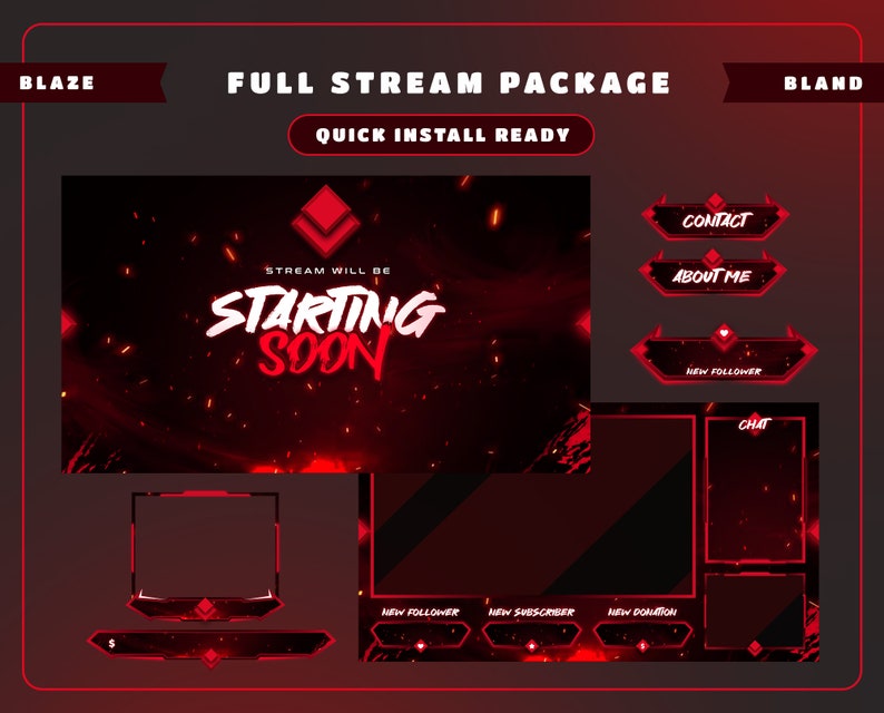Blaze Blend Animated Stream Overlay Package for Twitch, Youtube, Kick, Black Fire Overlay ...