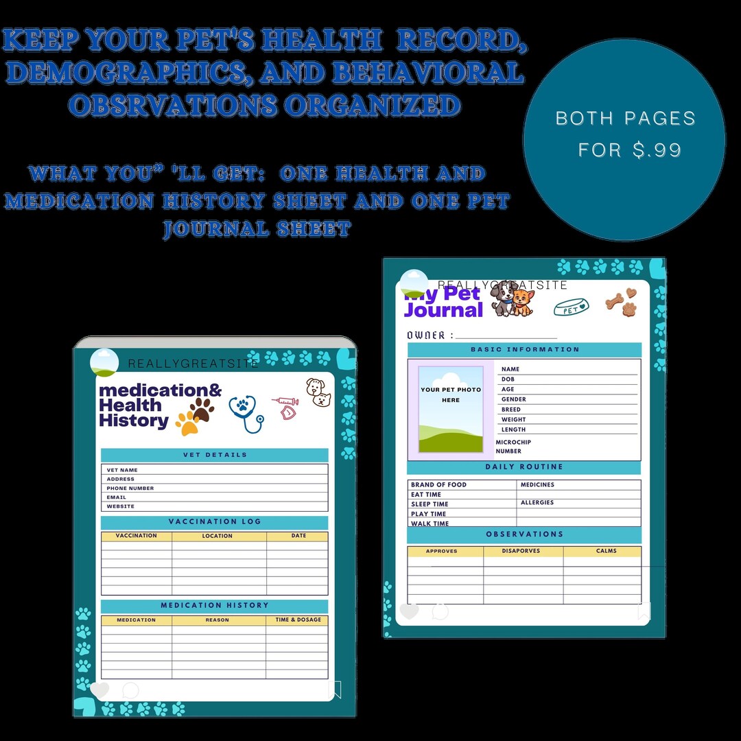 Pets Printable Dog Veterinarian Record Card Digital Download Dog ...