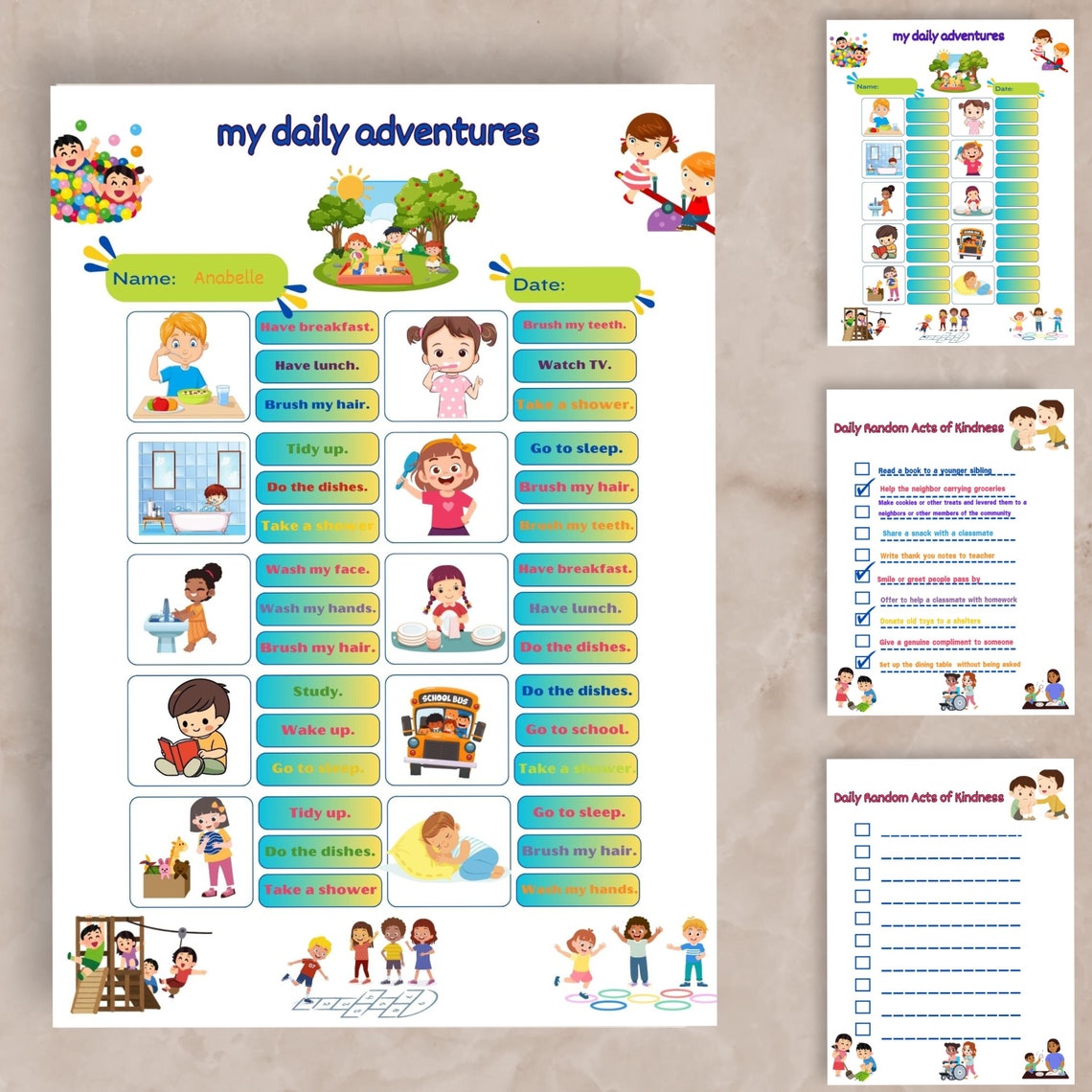 Printable PDF Duo: Chore Chart & Random Acts of Kindness Checklist ...