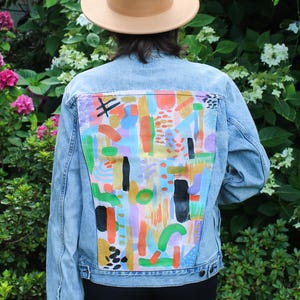 Painted Abstract Denim Jacket, Women's Small, Vintage Oversized Jean ...