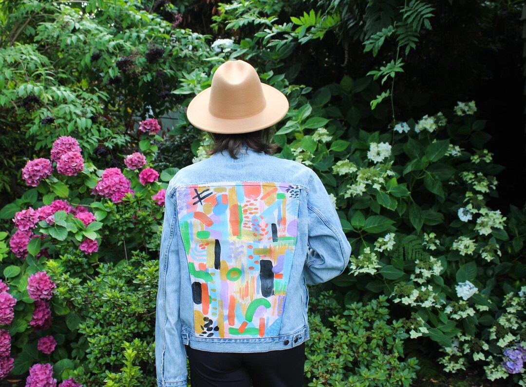 Painted Abstract Denim Jacket, Women's Small, Vintage Oversized Jean ...