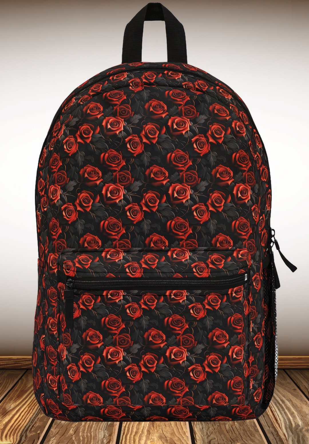 Striking Gothic Red Rose Backpack With Black Leaves Trendy Goth ...