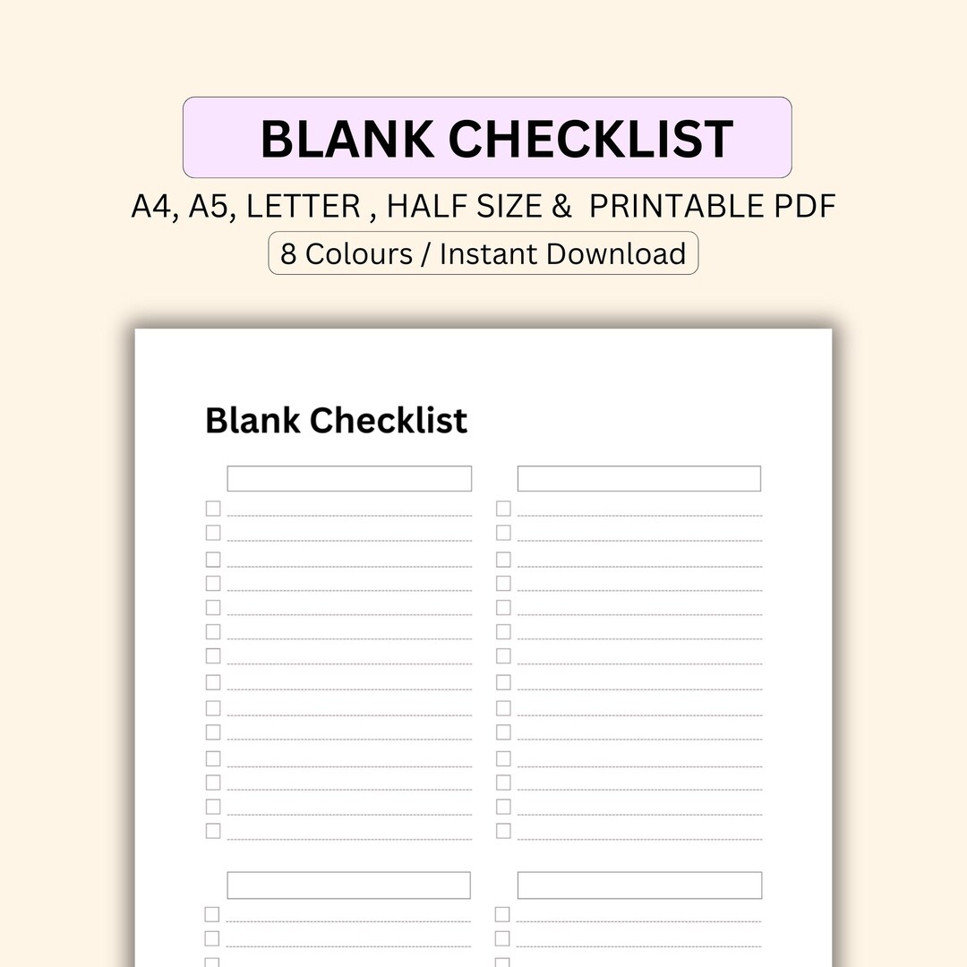 Blank Checklist Template Printable & Fillable, Blank to Do List, Simple ...