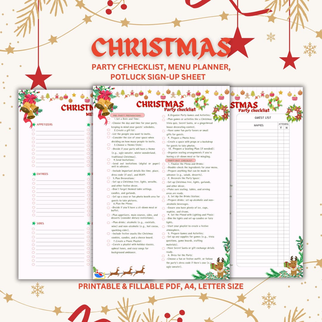 Christmas Party Checklist, Menu Planner, Potluck Sign-up (printable) - Etsy