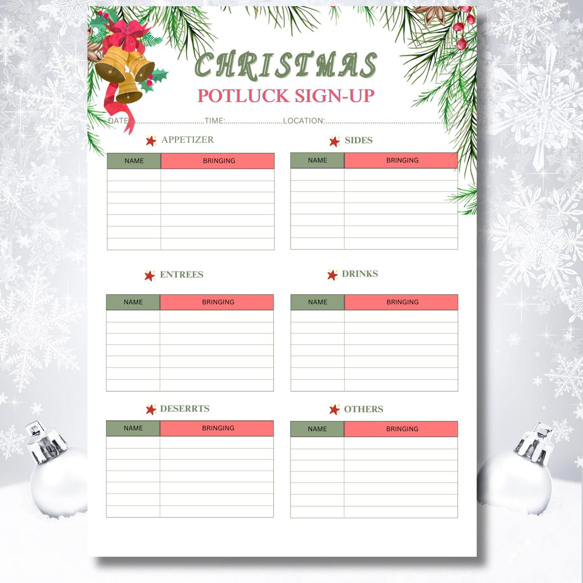 Editable Christmas Potluck Sign up Sheet Template, Printable Holiday ...
