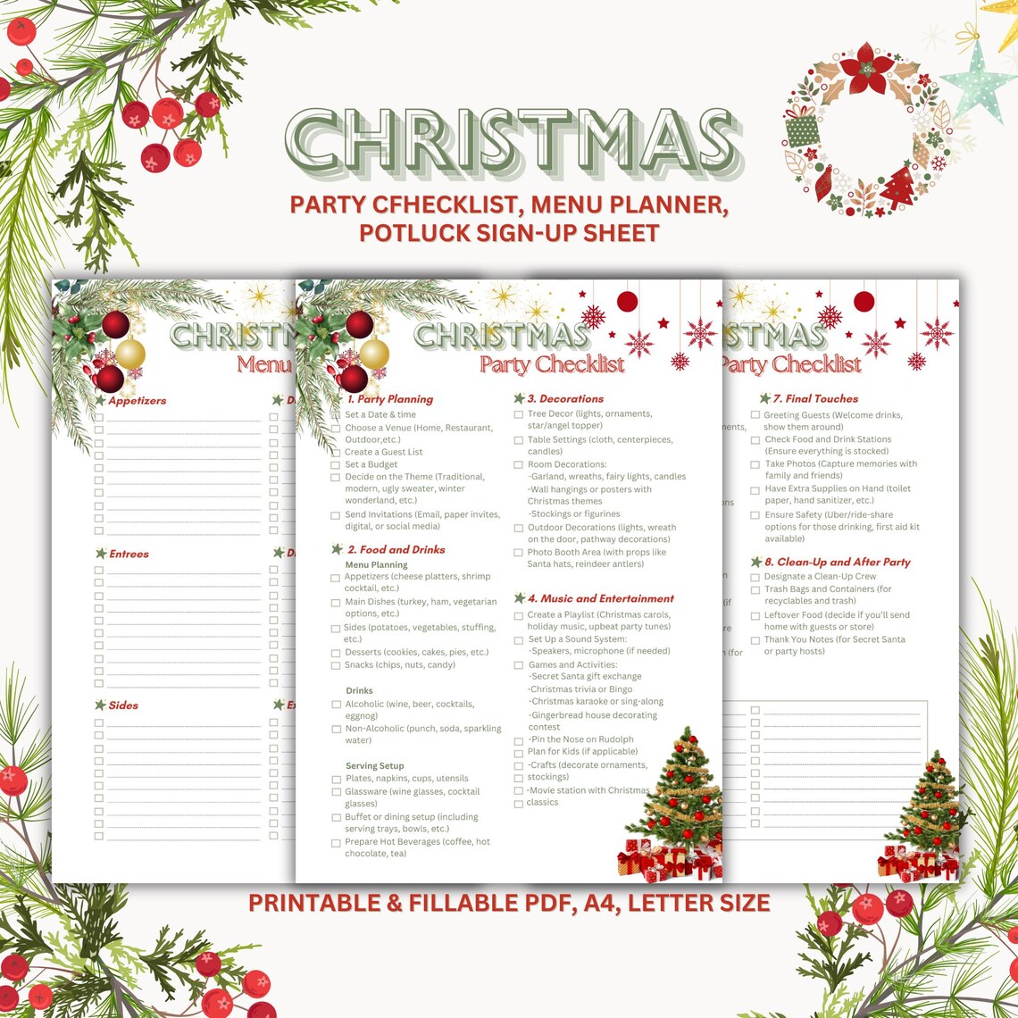 Christmas Party, Party Checklist, Menu Planner & Potluck Sign-up Sheet ...