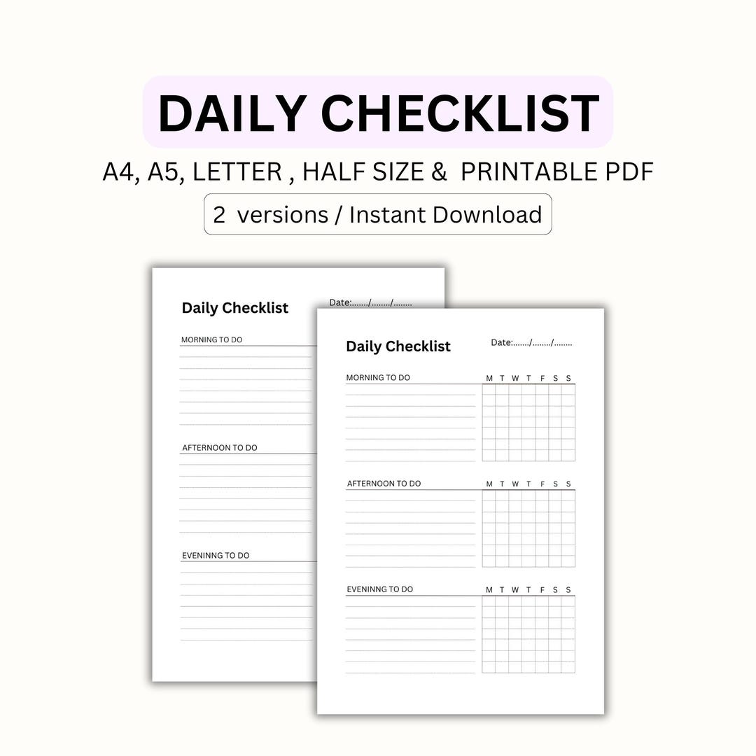 Daily Checklist Printable & Fillable, to Do List Template, Work/home ...