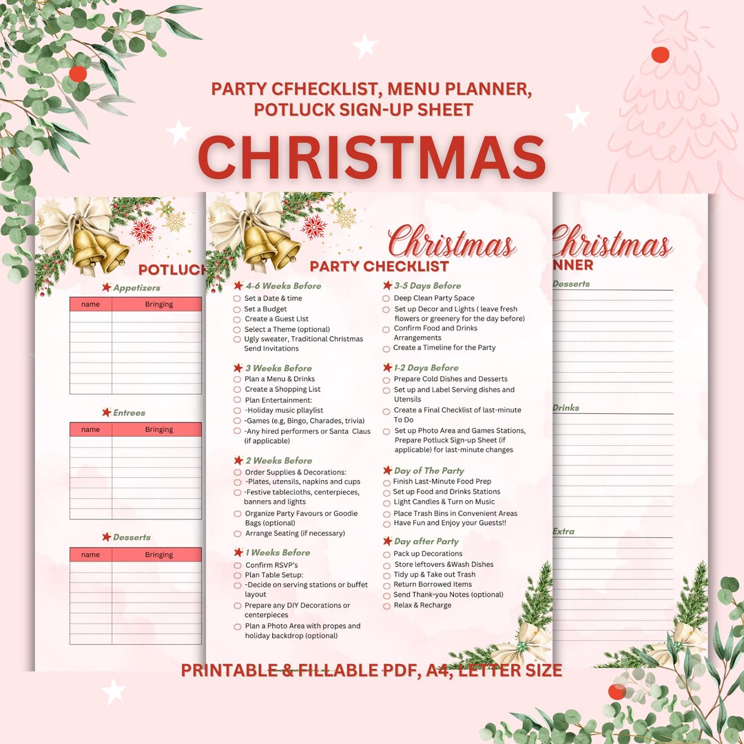 Christmas Party, Party Checklist, Menu Planner & Potluck Sign-up Sheet ...