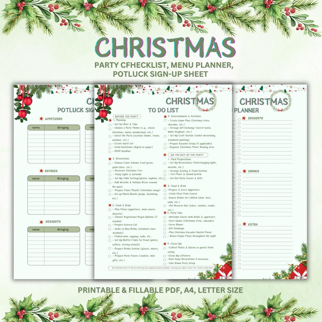 Christmas Party, Party Checklist, Menu Planner & Potluck Sign-up Sheet ...
