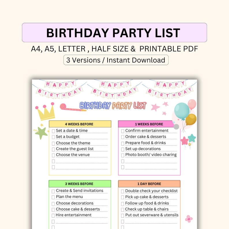 Birthday Party Checklist, Party Checklist Template, Birtyday to Do List ...