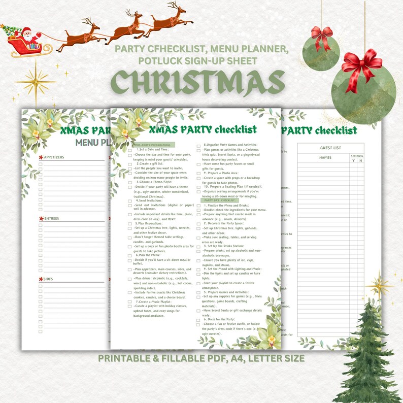 Christmas Party Planner, Checklist, Menu, Potluck Sign-up (printable ...