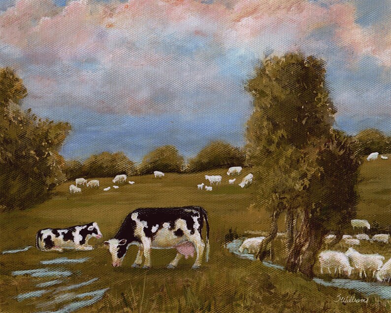 COWS peace in the Valley Holstein Cows Under Pink Stratocumulus Clouds, Folk Art Print of ...