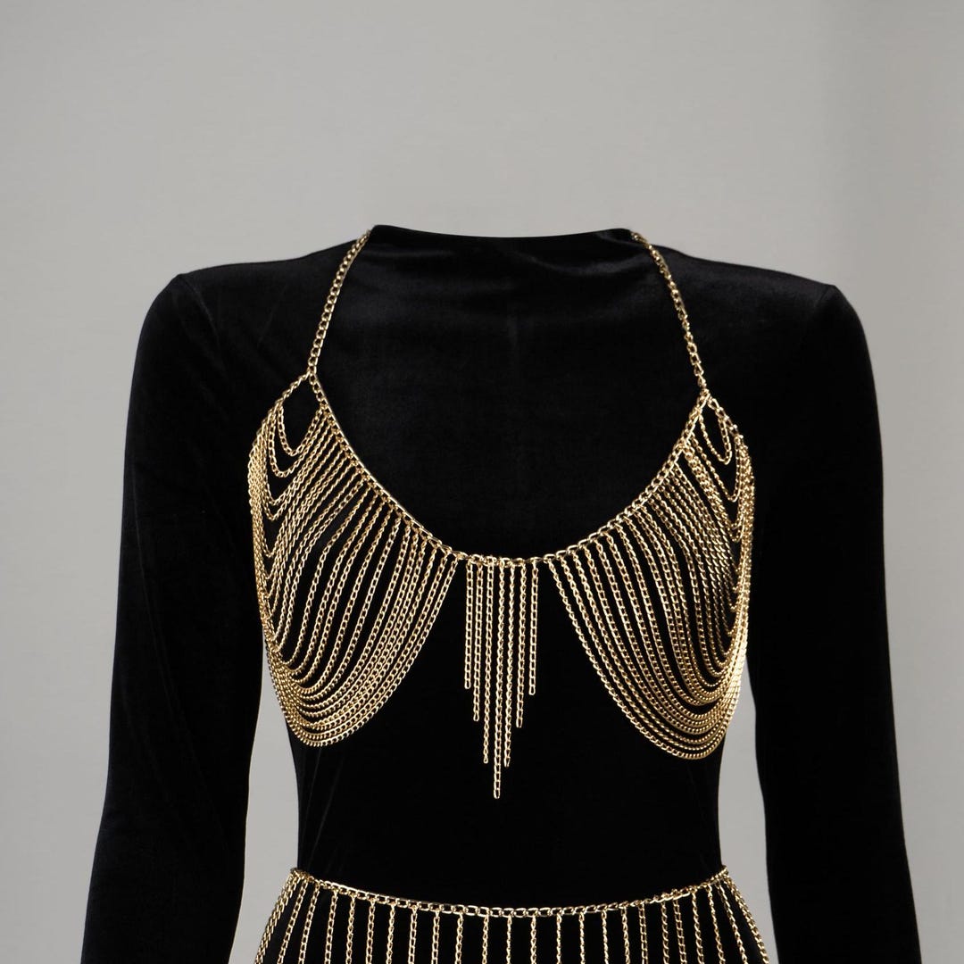 Open Lingerie Set Gold Chain Body Jewelry Open Bra Set Gold Chain ...