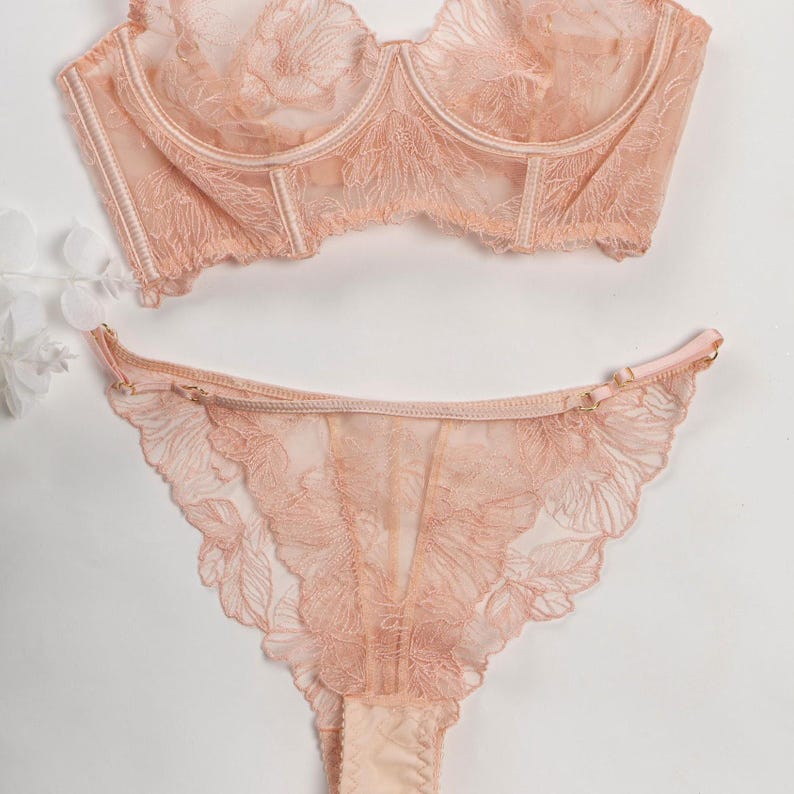Nude Bridal Sheer Bra and Panties Set Plus Size Lingerie Romantic ...