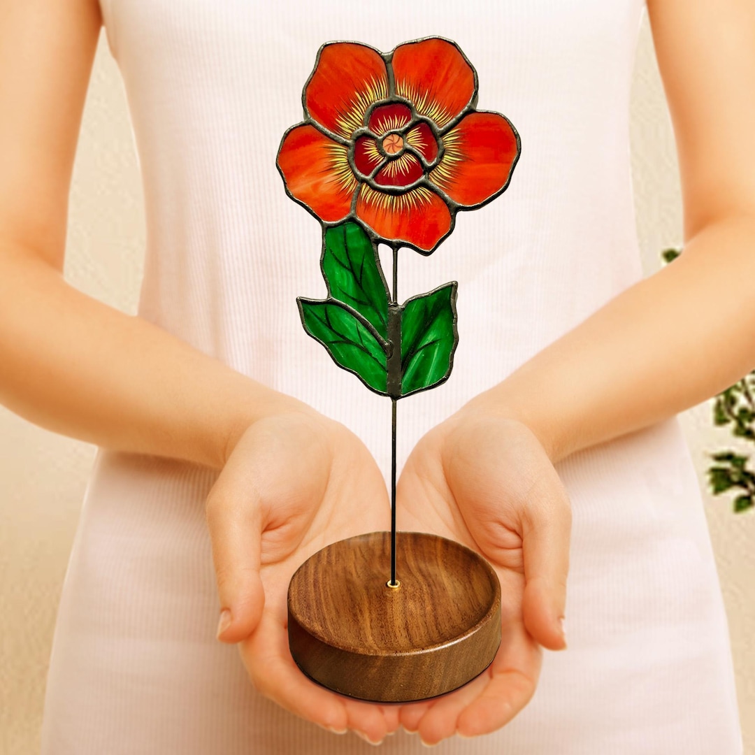 Stained Glass Poppy Flower Decor – Handmade Orange Floral Ornament With ...