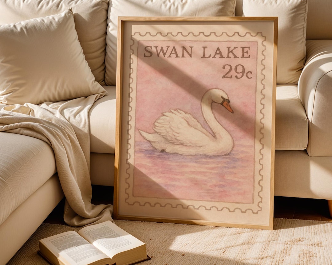 Pink Swan Stamp Print | Vintage Swan Wall Art | Soft Pastel Printable ...