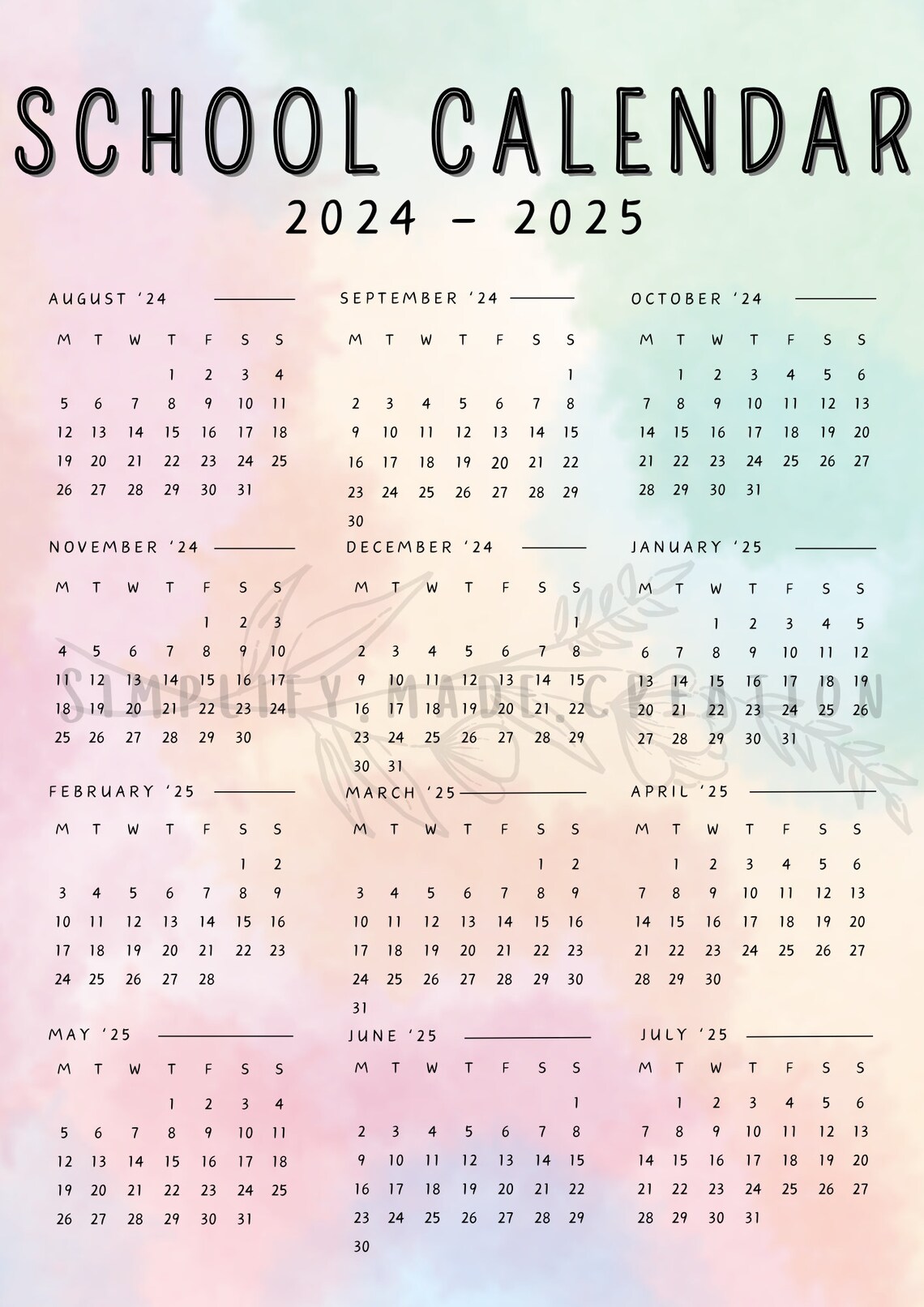 Year at a Glance School Calendar 2024-2025, A4 & A3 Size, Monday/sunday ...