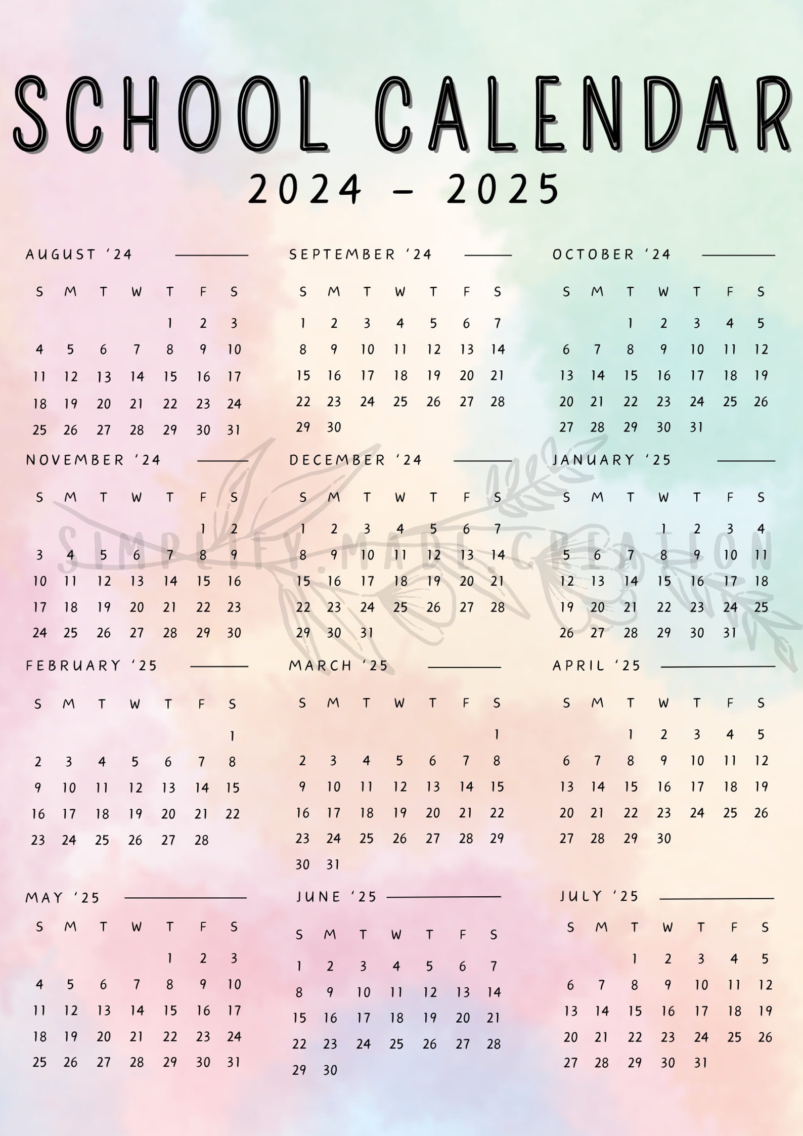 Year at a Glance School Calendar 2024-2025, A4 & A3 Size, Monday/sunday ...