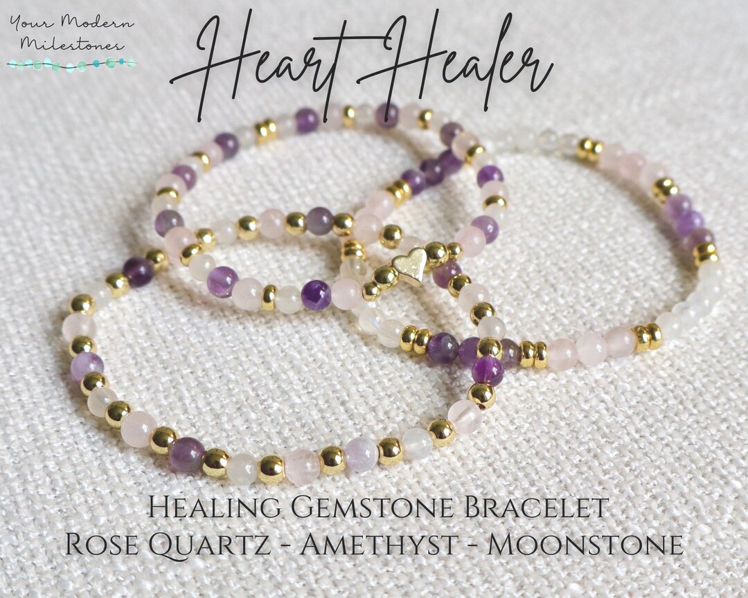 Grief Support Gemstone Bracelet, Rose Quartz, Amethyst, Moonstone, Gold ...