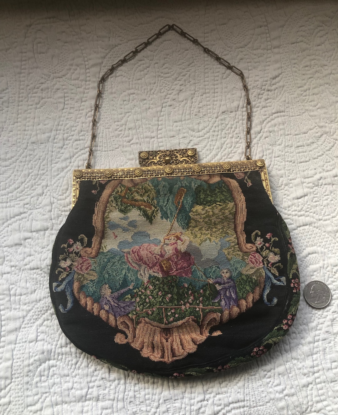 Lovely Antique Victorian Hand Made Petit Point Evening Bag/purse With ...
