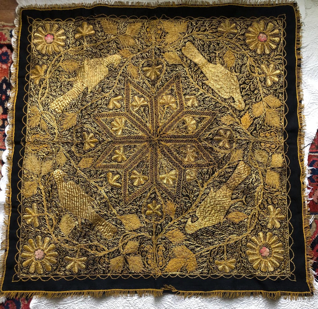 Vintage Stunning “kantha” Bengali Gold Hand Embroidered Flowers Birds ...