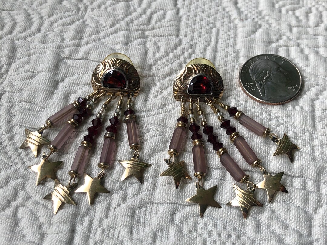 Vintage Pair of Tabra Embossed Gold Filled Dangle Earrings With Bezel ...