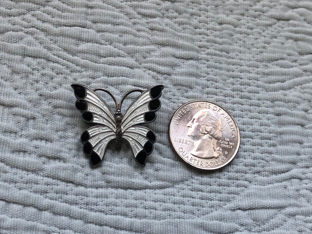 Vintage MEKA Sterling Silver Black and White Guilloche Enamel Butterfly ...
