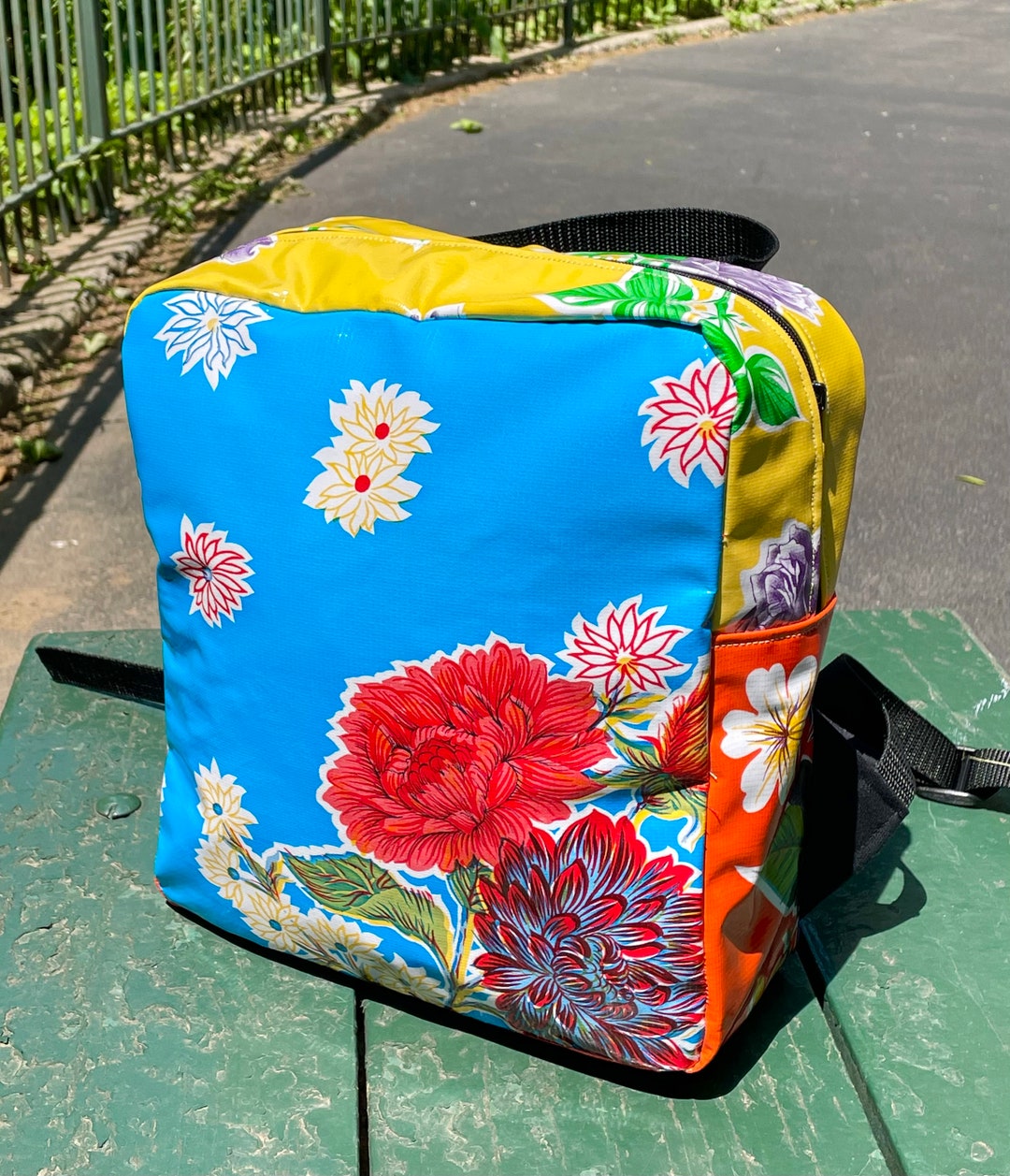 Blue Floral Oil Cloth Patchwork Backpack, Handmade Lightweight Oil ...
