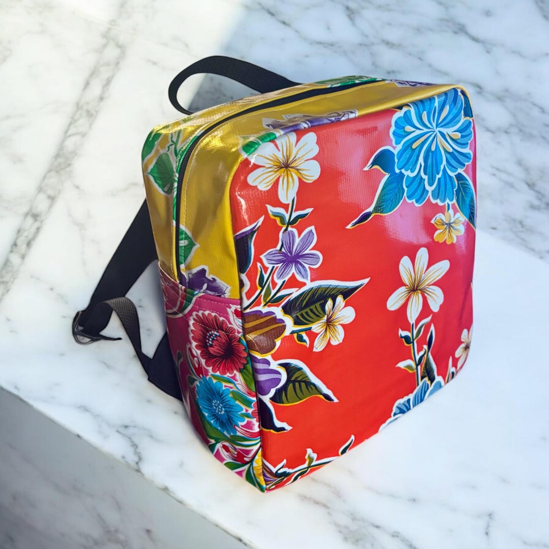 Orange Floral Patchwork Love Shine Oil Cloth Backpack, Lightweight ...