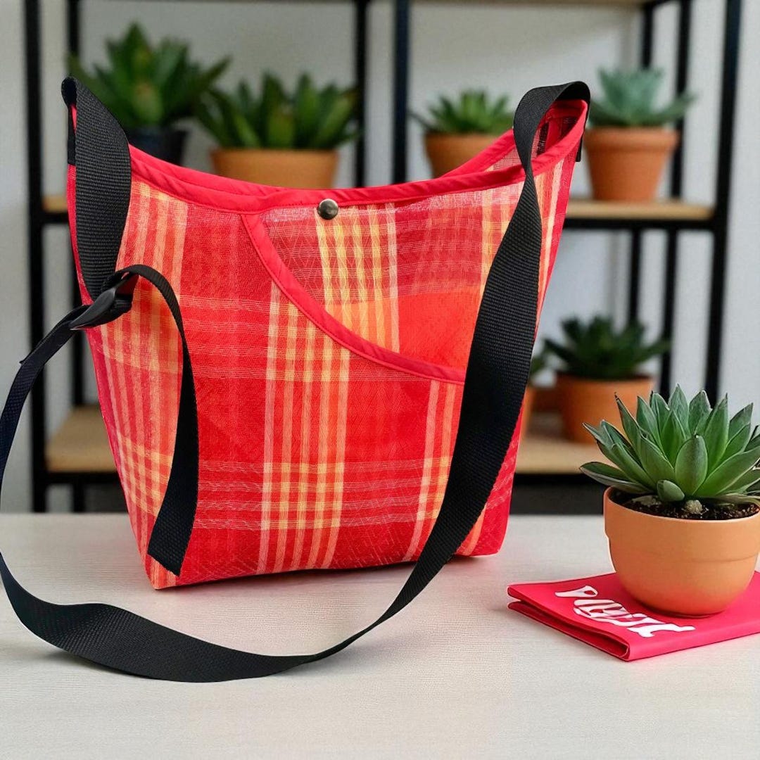 Red White Plaid Mexican Mesh Crossbody Tote Bag, Mercado Bag - Etsy