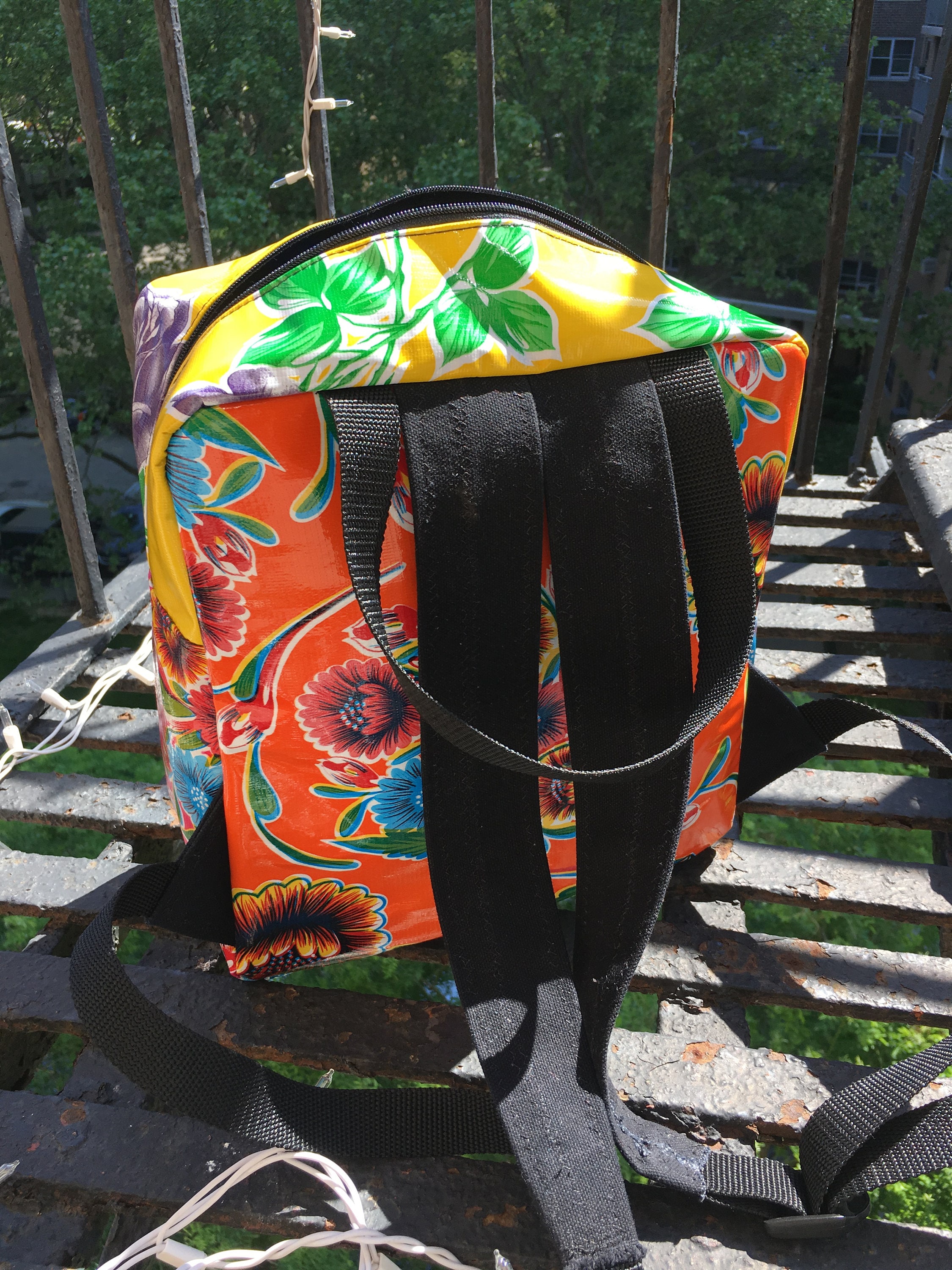 Orange Floral Patchwork Love Shine Oil Cloth Backpack, Lightweight ...
