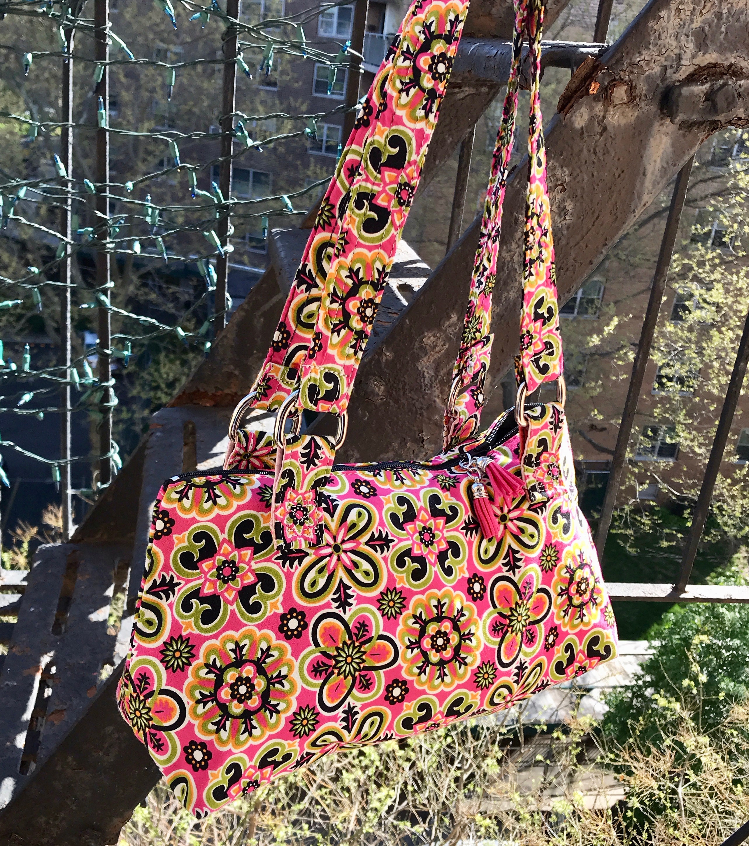 Hot Pink Cotton Print Floral Shoulder Bag, Handbag, Purse