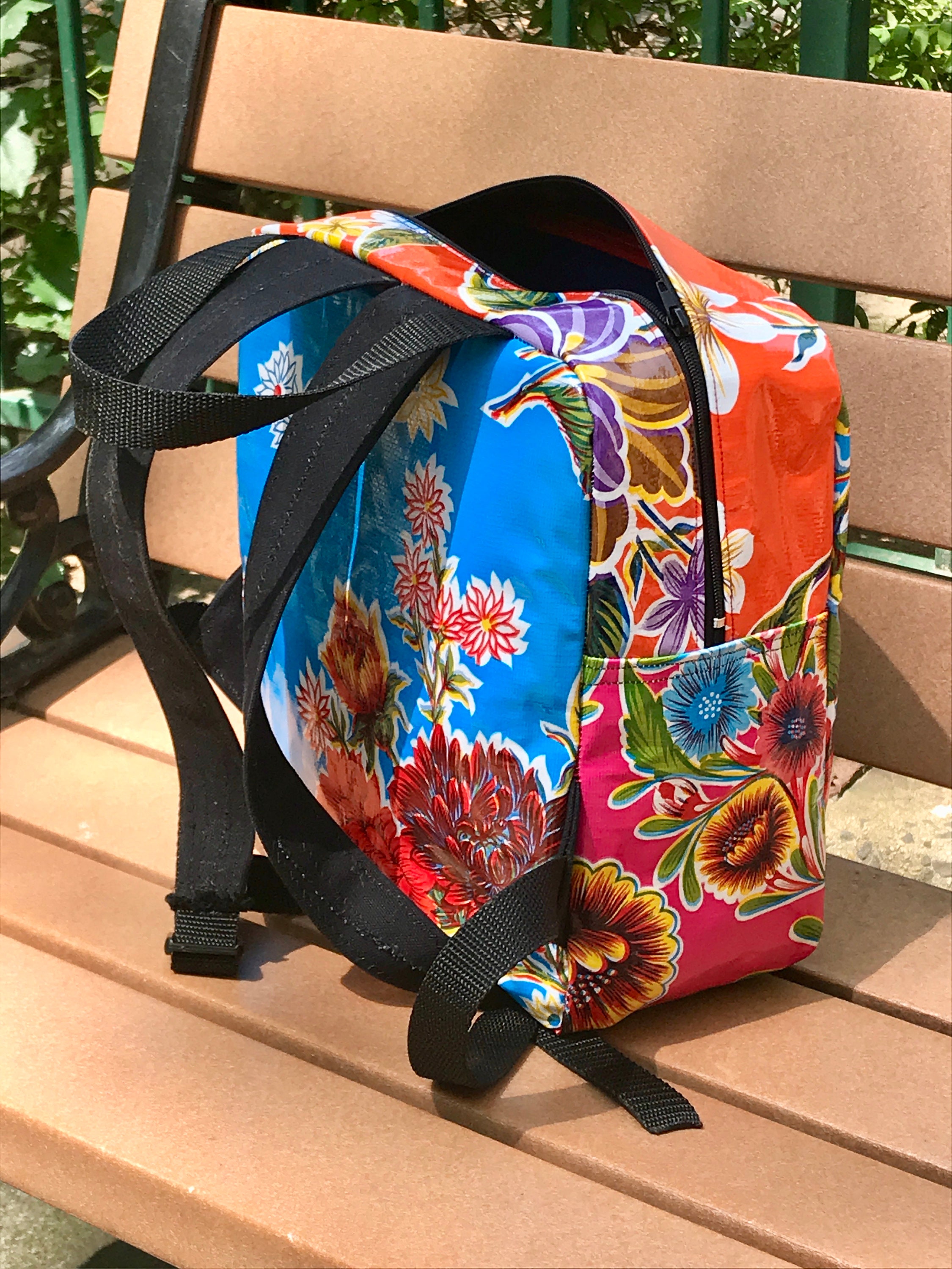 Blue Floral Oil Cloth Patchwork Backpack, Handmade lightweight Oil ...