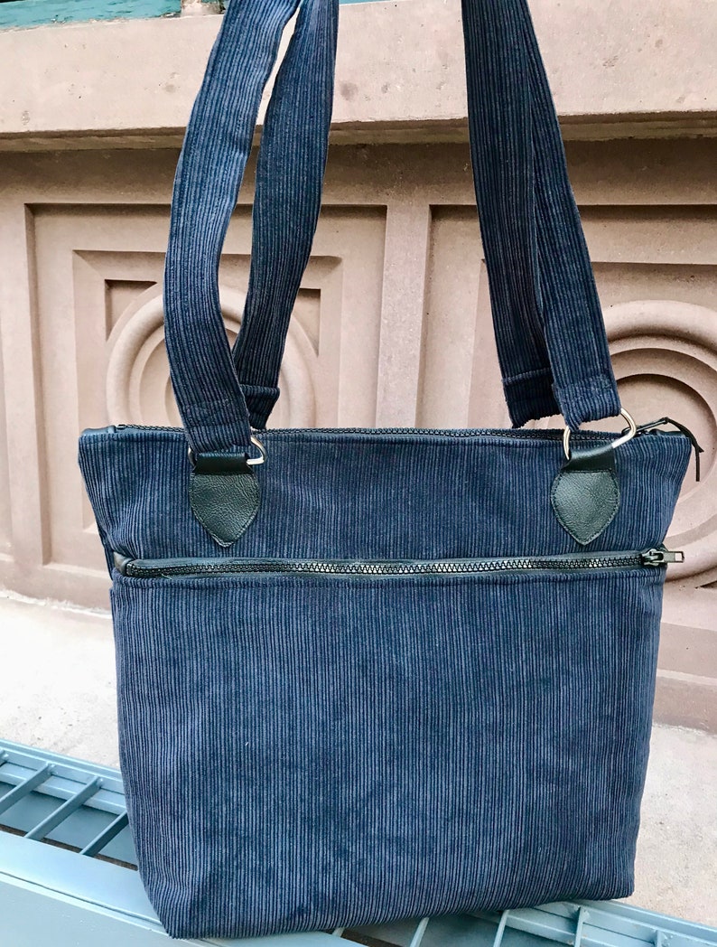 Navy Blue Corduroy Zipper Top Tote Bag Shoulder Bag | Etsy