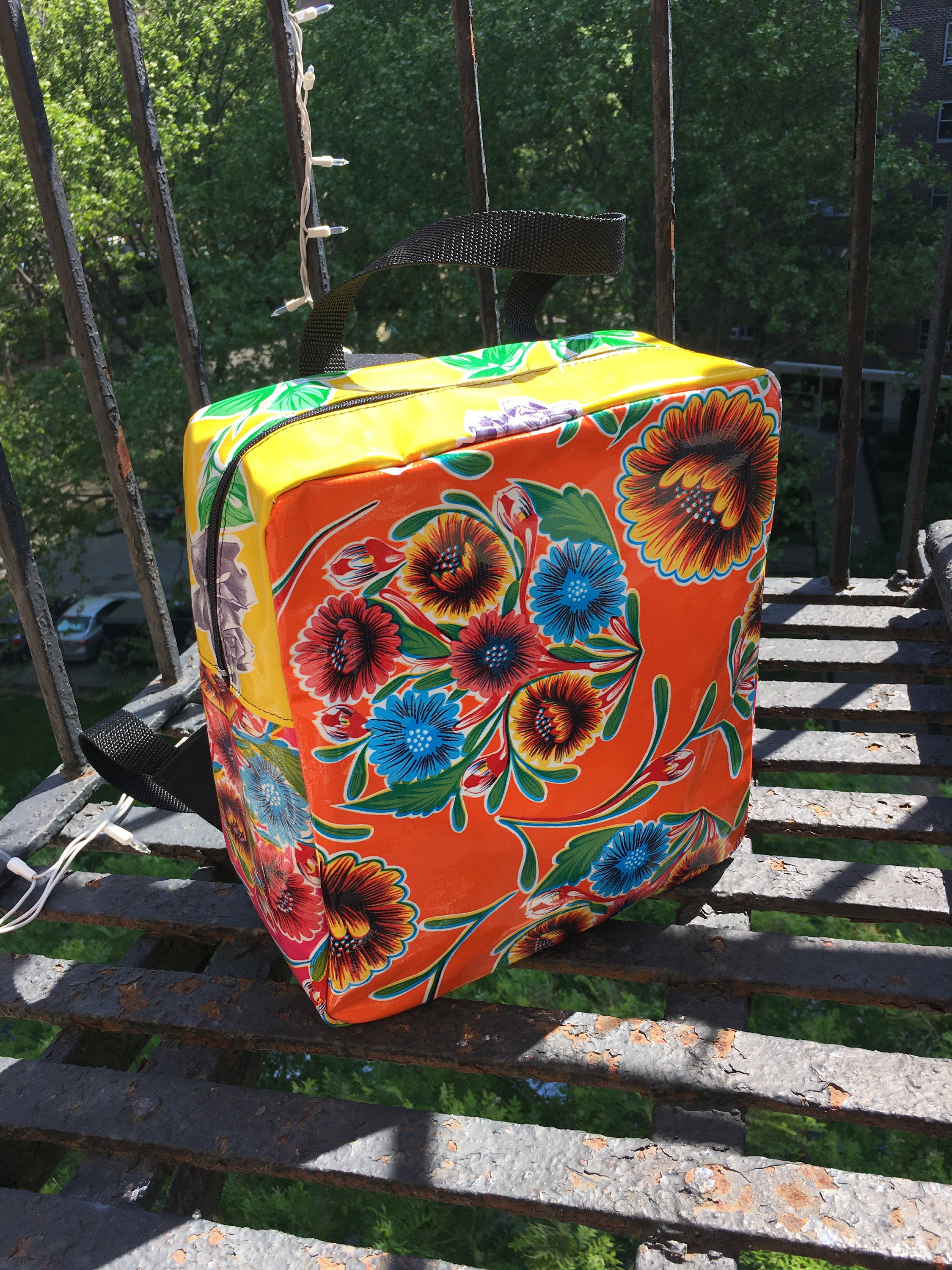 Orange Floral Patchwork Love Shine Oil Cloth Backpack, Lightweight ...