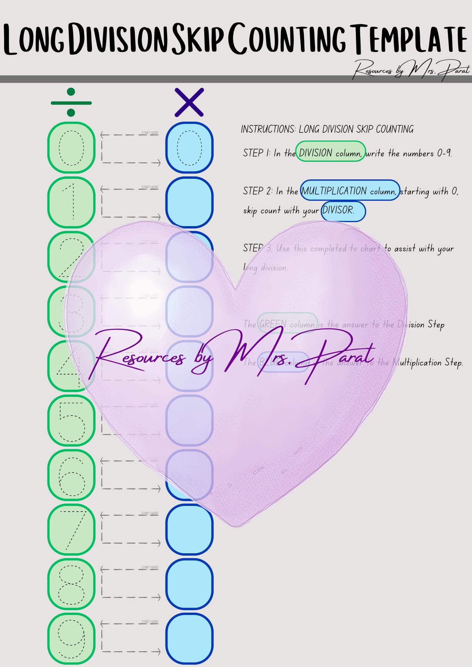 Step by Step Long Division Template and Skip Counting Help Chart - Etsy