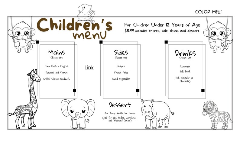 Children's Menu Coloring Page Zoo Animals Digital Template - Etsy