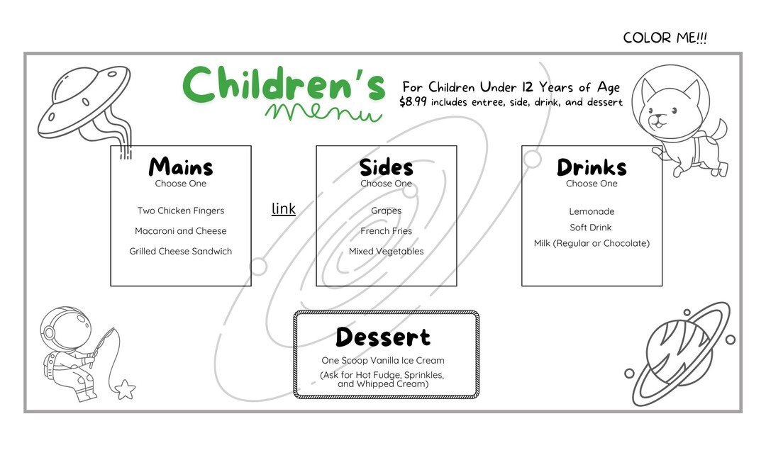 Children's Coloring Page Menu Space Theme - Digital Template - Etsy