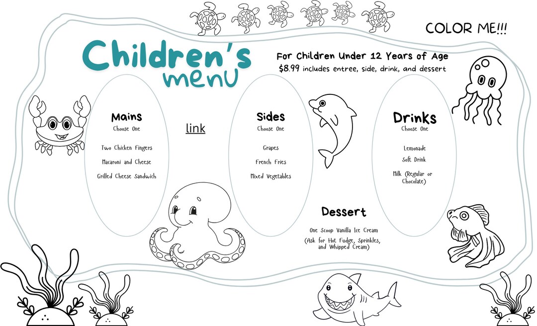 Kid's Coloring Menu Template - Sea Animals - Etsy