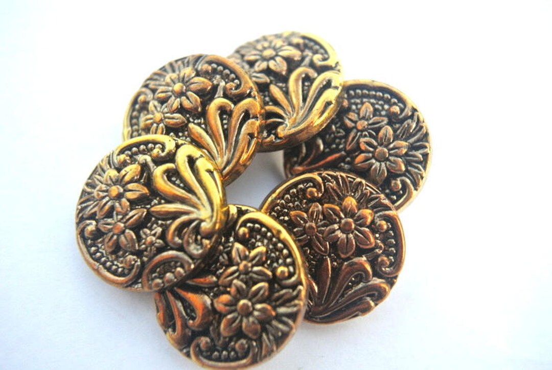 6 Vintage Buttons Bronze Color Etched Flower With Black 21mm - Etsy