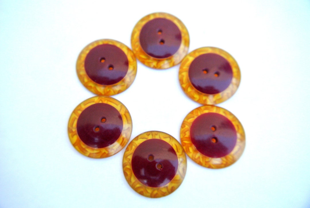 6 Vintage Plastic Buttons, Red Shadewith Amber Color Decorative Art ...