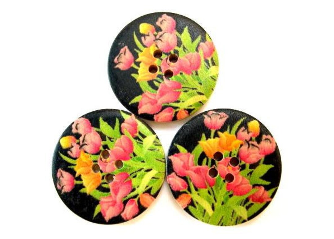 6 Buttons, Wood, 30mm, Black With Ornage and Pink Flowers, for Crafts ...