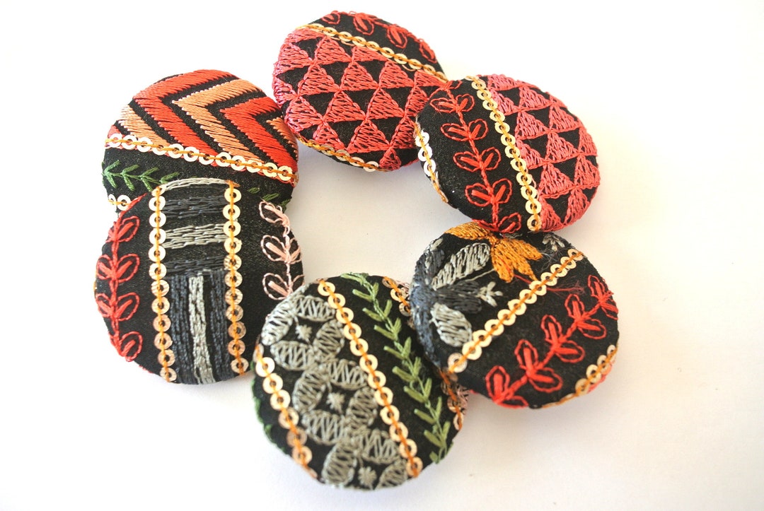Embroideredy on Black Fabric 6 Buttons, Fabric Covered Button Handmade ...