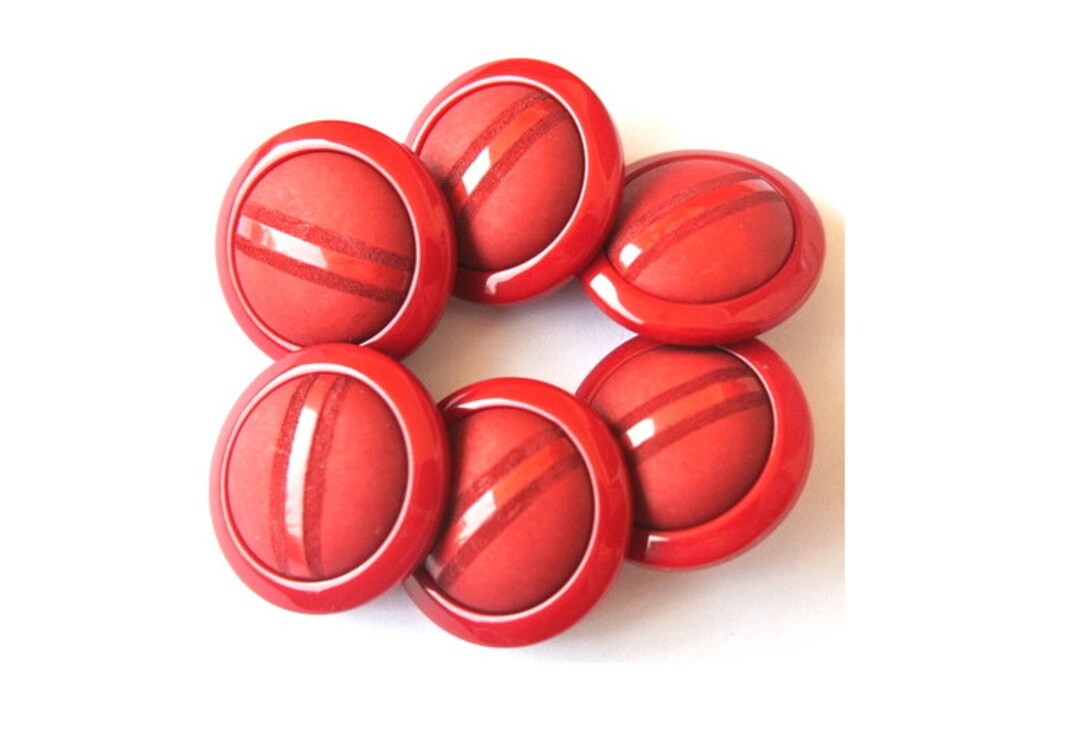 6 Plastic Buttons , New Buttons, Red With Red Lines Design, Choose Your ...