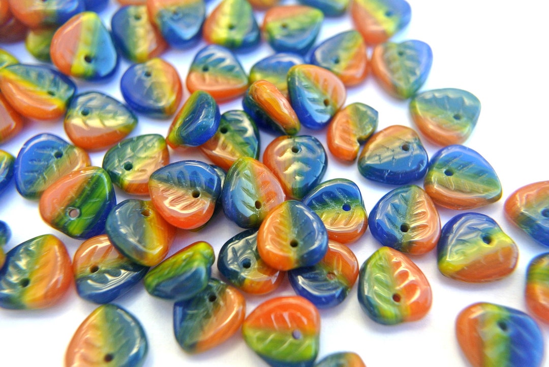 30 Czech Glass Beads, Leaf Shape, Leaves 9mmx8mm, Blue, Orange ...