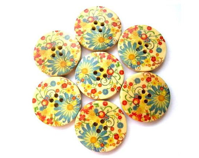 6 Wood Buttons Colorful Picture Flowers in Red, Yellow, Blue 25mm - Etsy